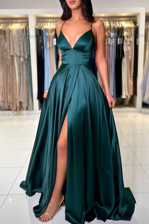 Simple V-Neck Satin Long Prom Dress, Beautiful A-Line Backless Evening ...